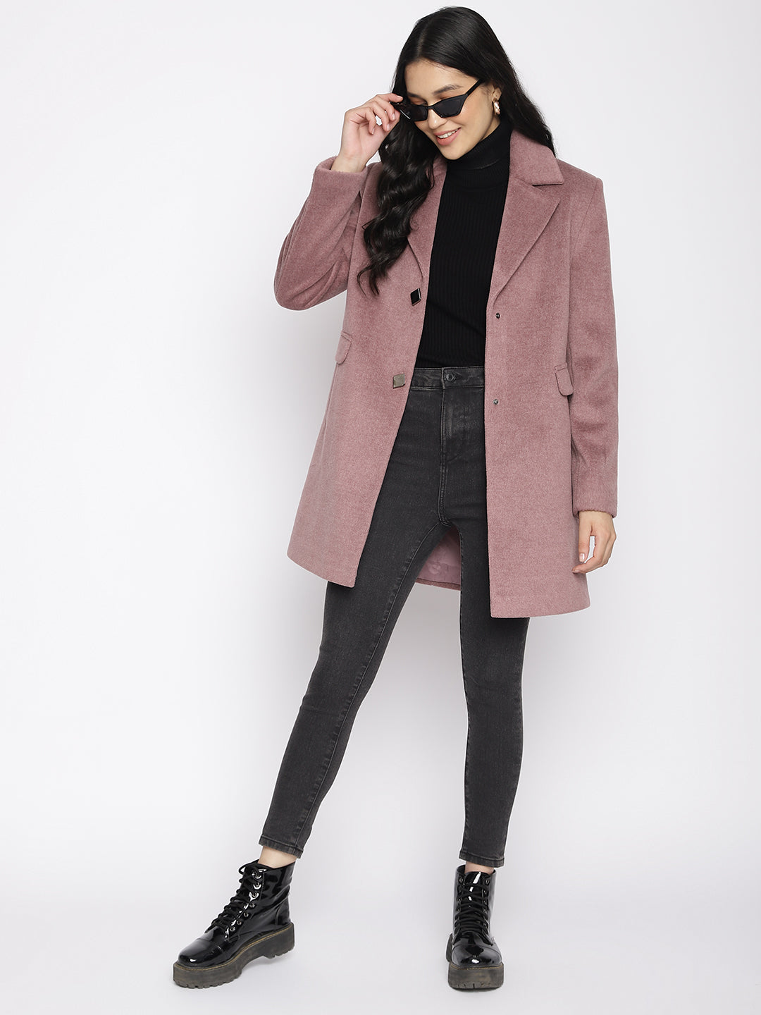 Pink Full Sleeve Solid Long Coat