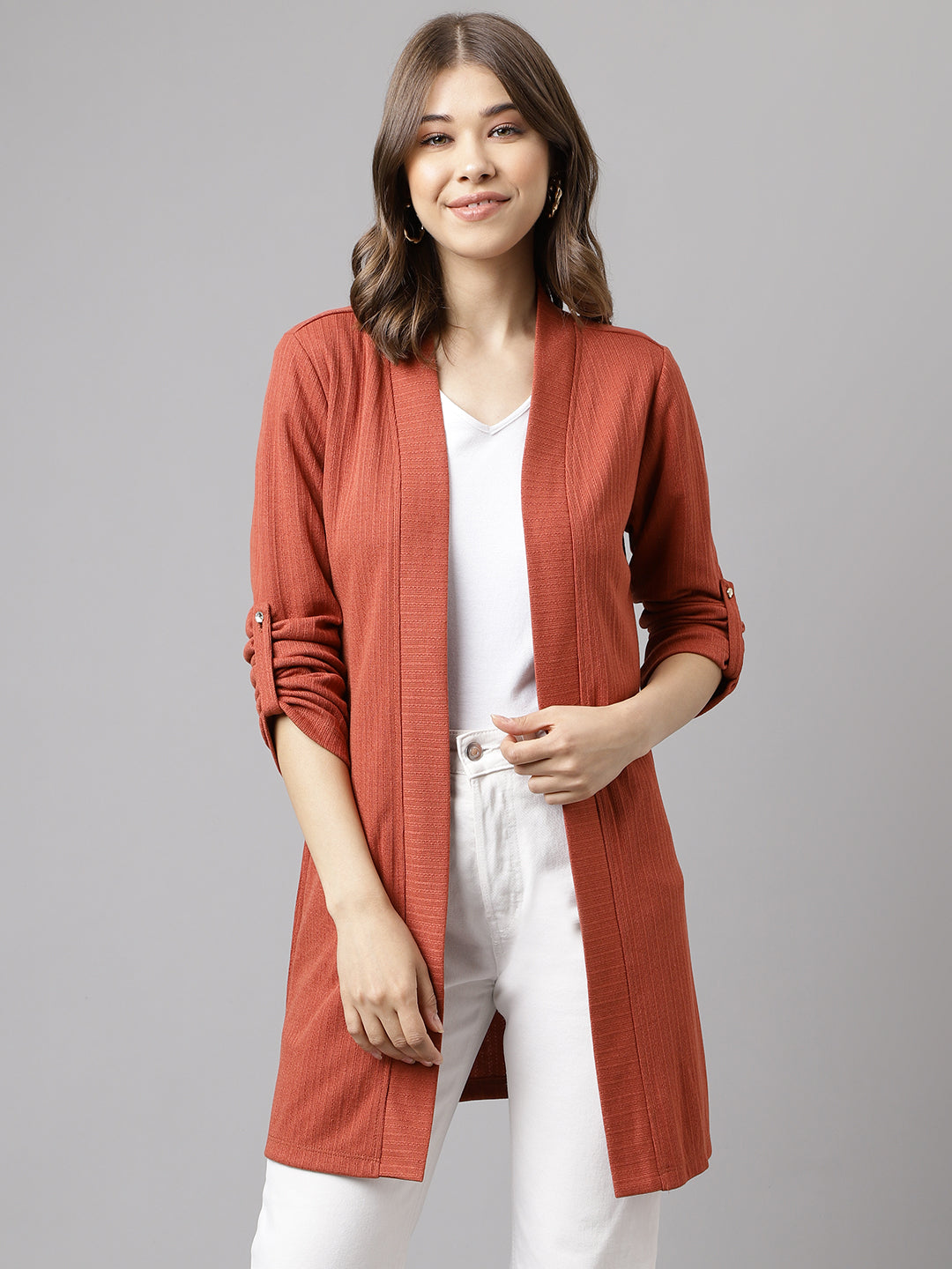 Rust Full Sleeve Solid Rayon Shrug