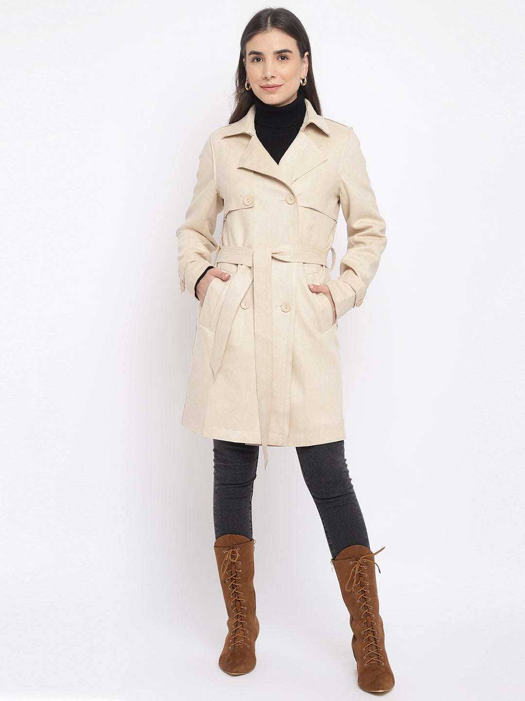 Beige Full Sleeve Trench Solid Coat