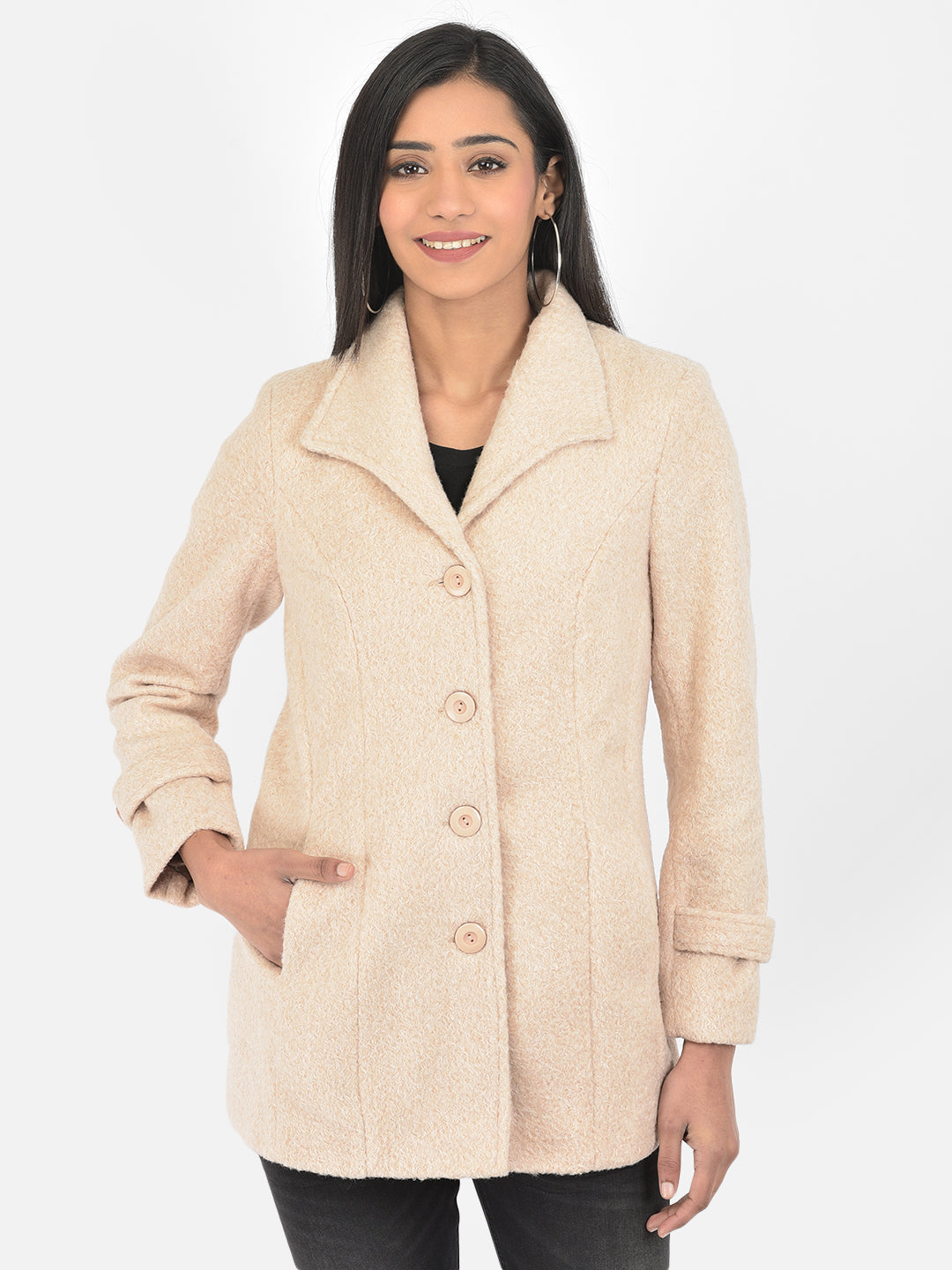 Beige Full Sleeves Solid Over Coat