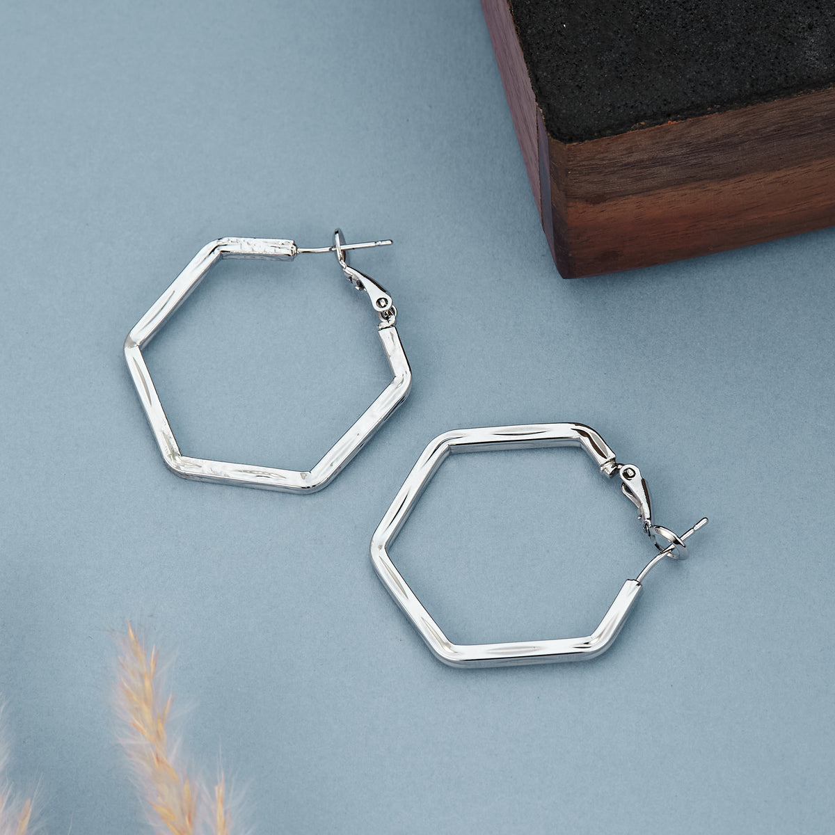 Silver hexagon earrings store