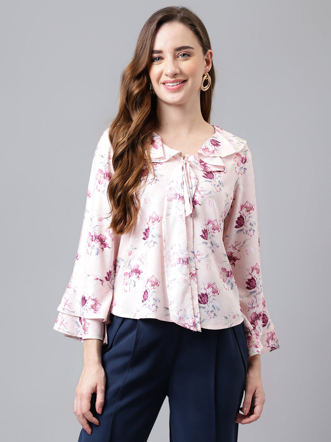 Pink Full Sleeve Collar Neck Printed Women Blouse Top for Casual