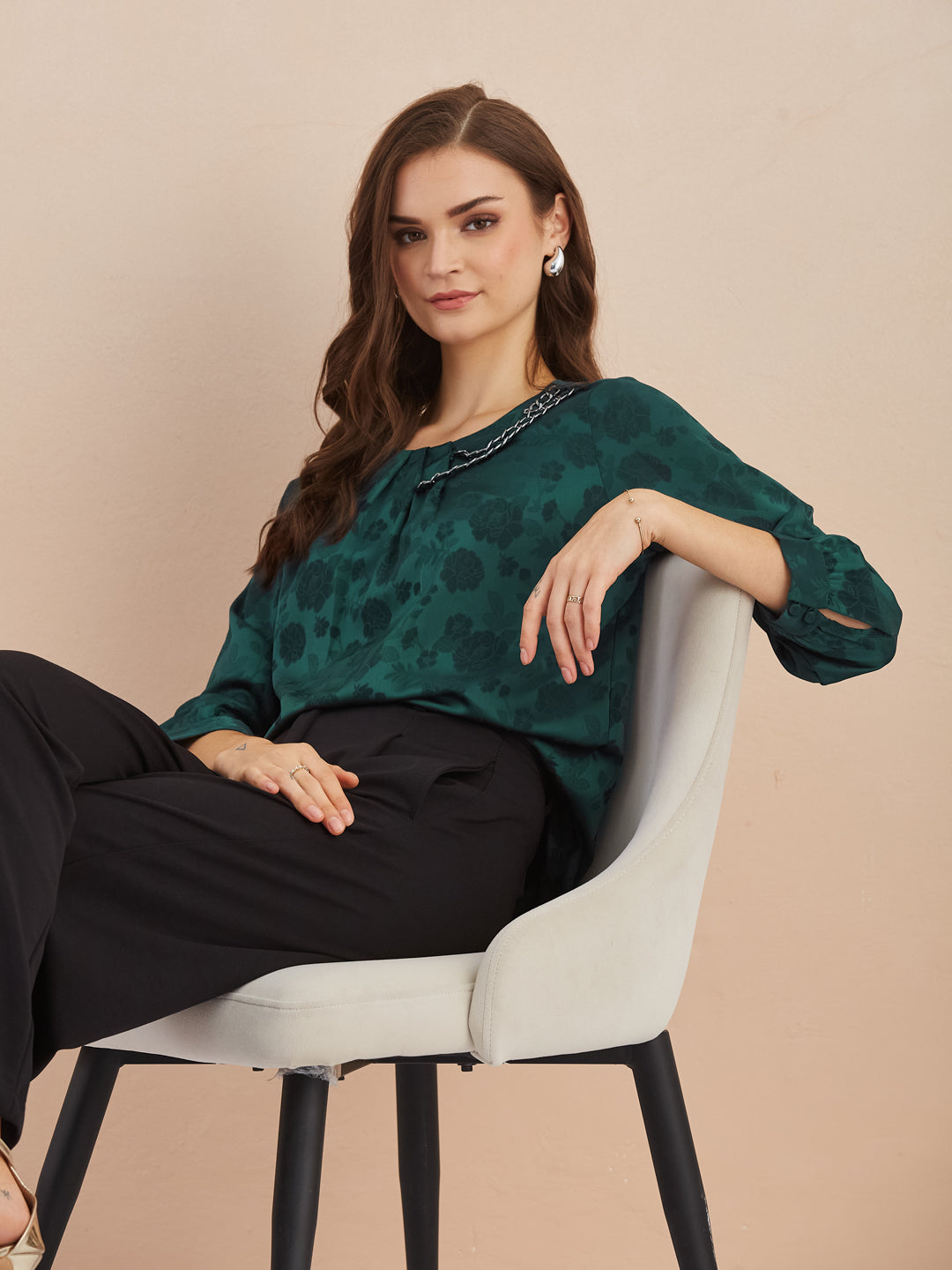 Latin Quarters Women Green Floral Print Round Neck 3/4Th Sleeves Top f