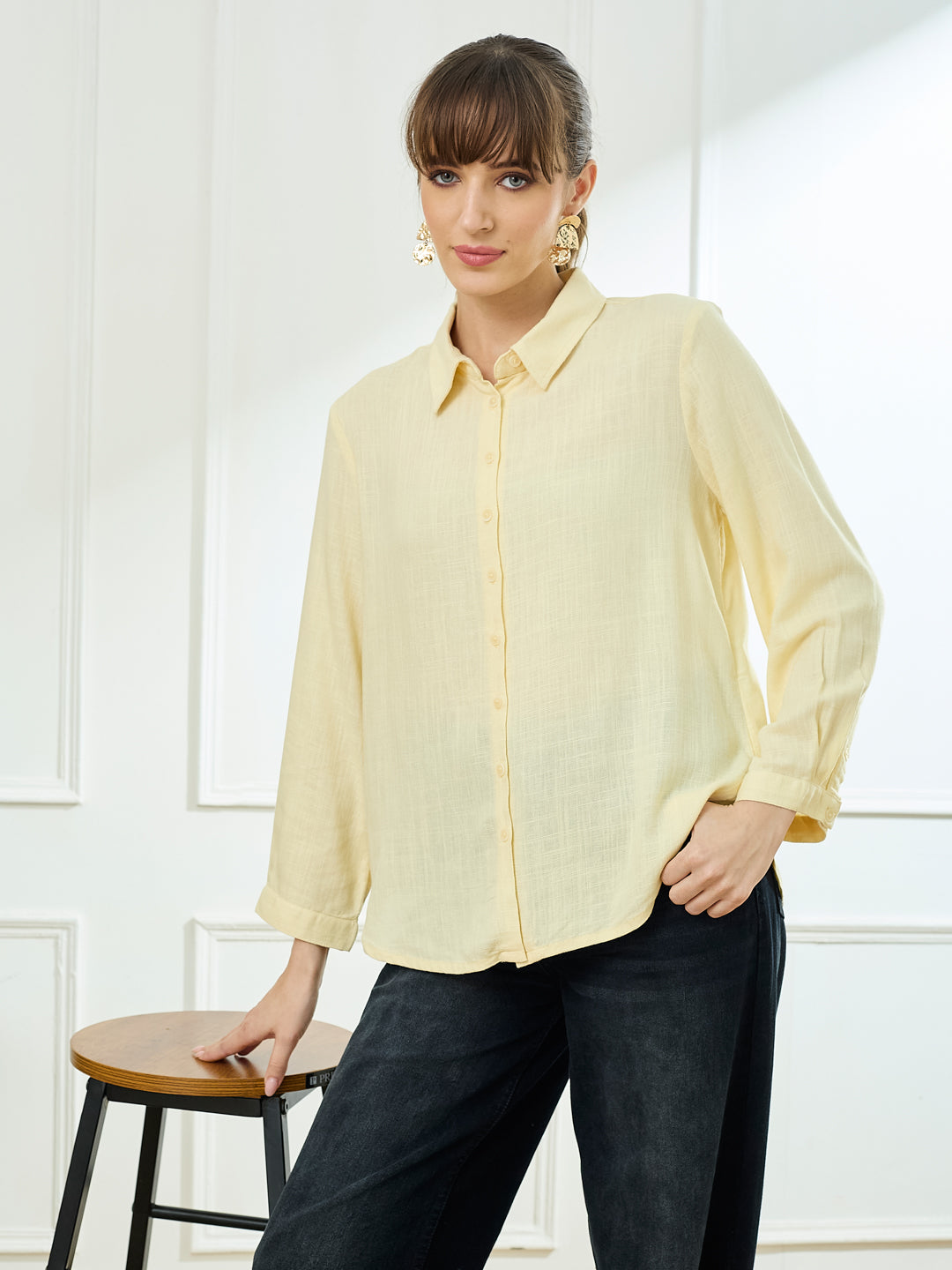 Latin Quarters Women's Yellow Full Sleeves Collar Neck Casual Solid Sh