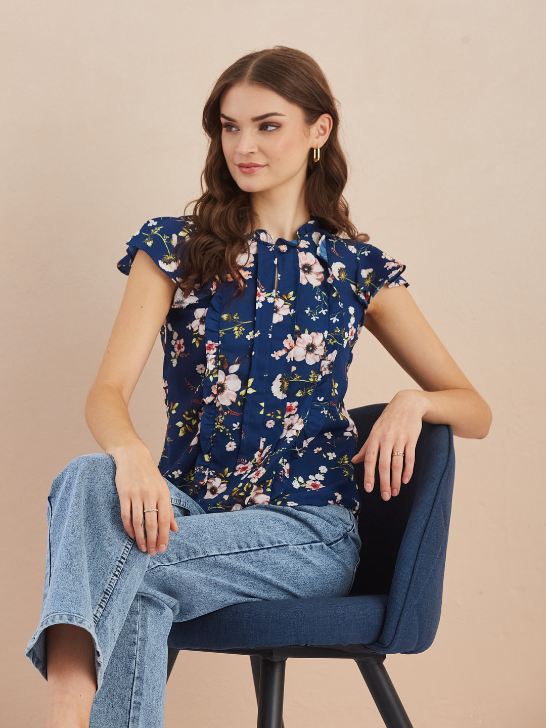 Latin Quarters Women Blue Floral Print Short Sleeves High Neck Top for