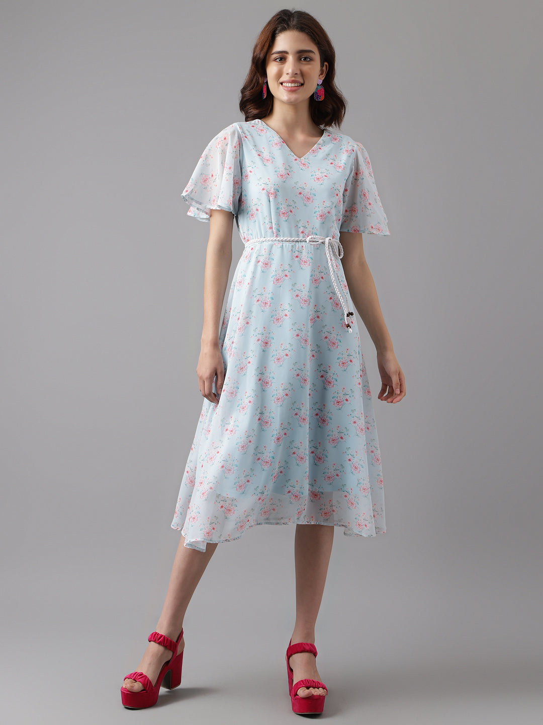 BLUE LIGHT HALF SLEEVE PRINTED LONG A-LINE DRESS