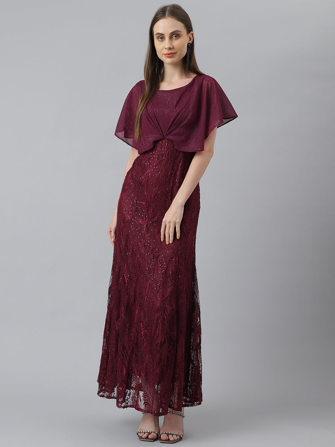 Maroon Cap Sleeve Maxi Dress For Women