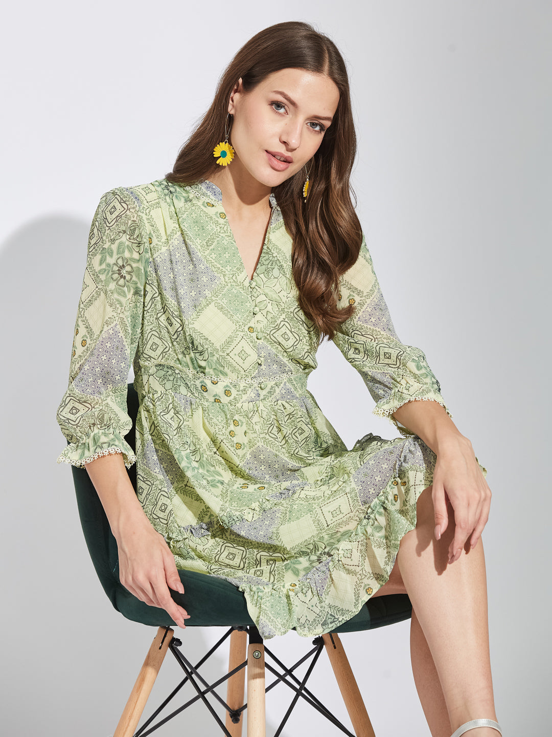 Latin Quarters Women Green Mandarin Collar 3/4Th Sleeves Printed A-Lin