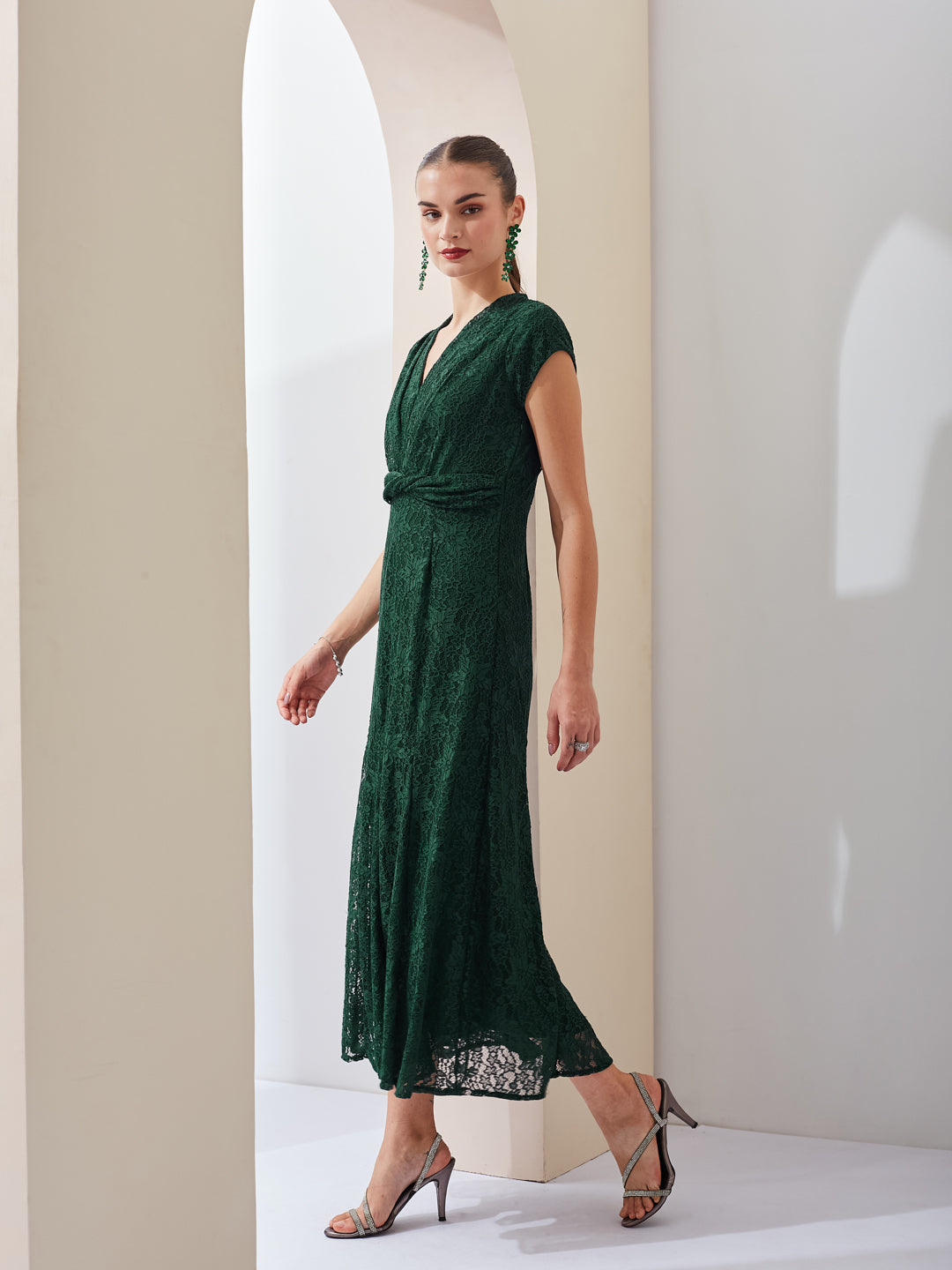 Latin Quarters Women Green Self Design V-Neck Cap Sleeves Party Fit
