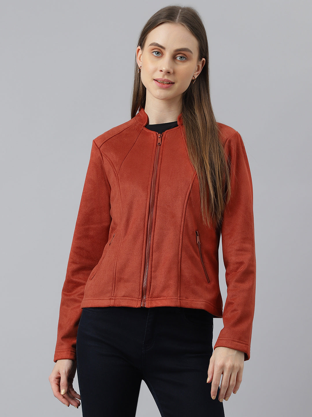 Red Full Sleeve Round Neck Solid Women Straight Jacket for Casual