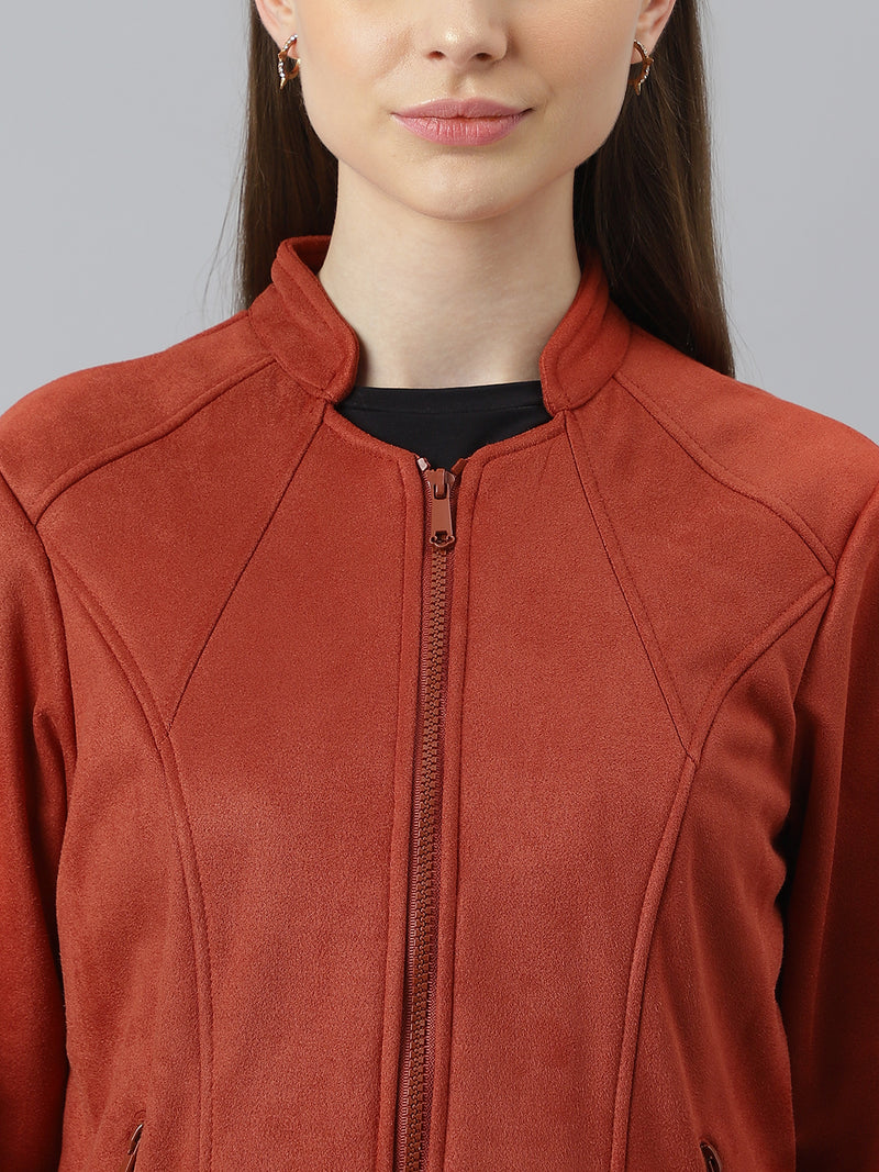 Red Full Sleeve Round Neck Solid Women Straight Jacket for Casual