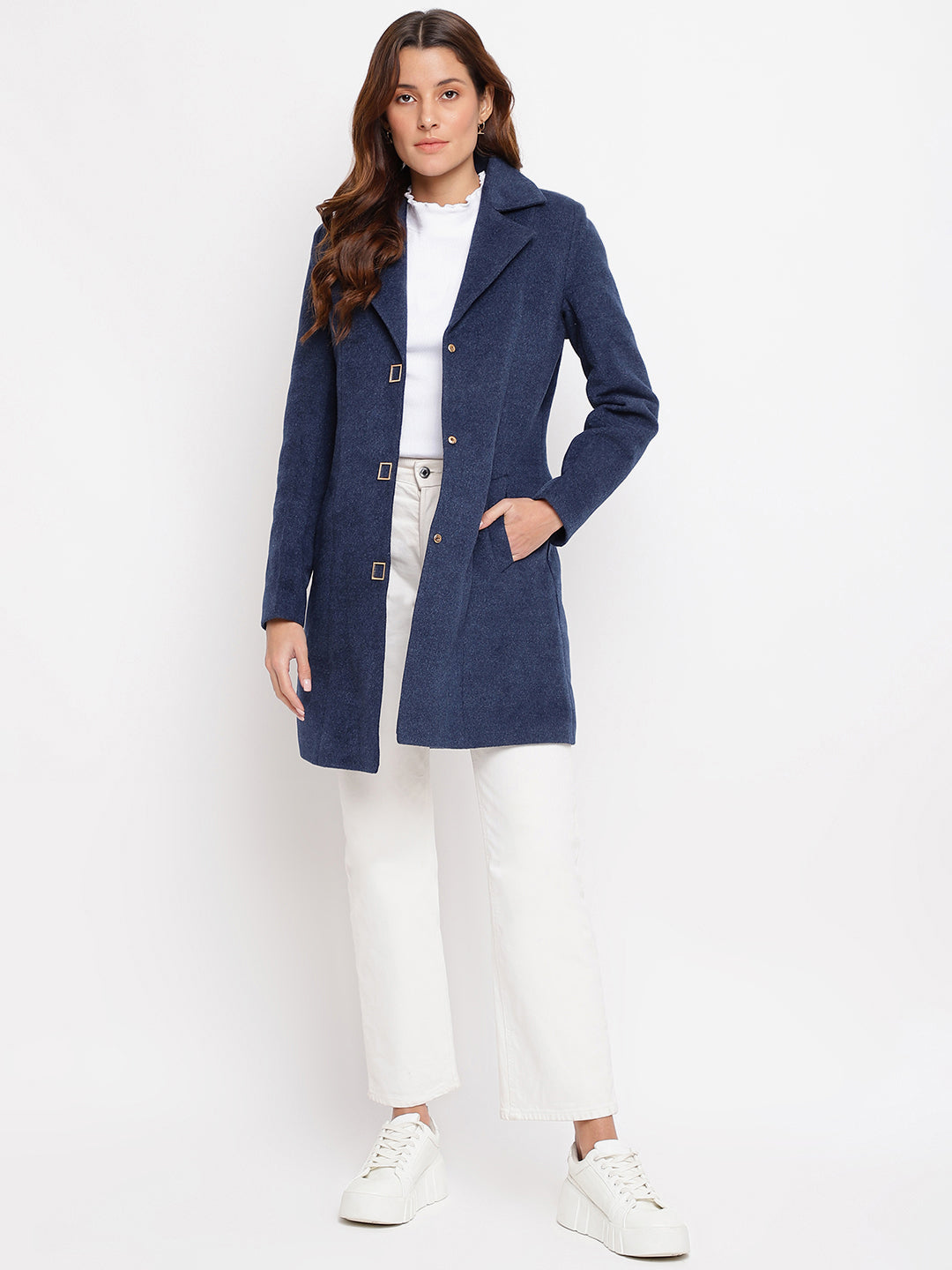 Blue Solid Full Sleeve Casual Overcoat