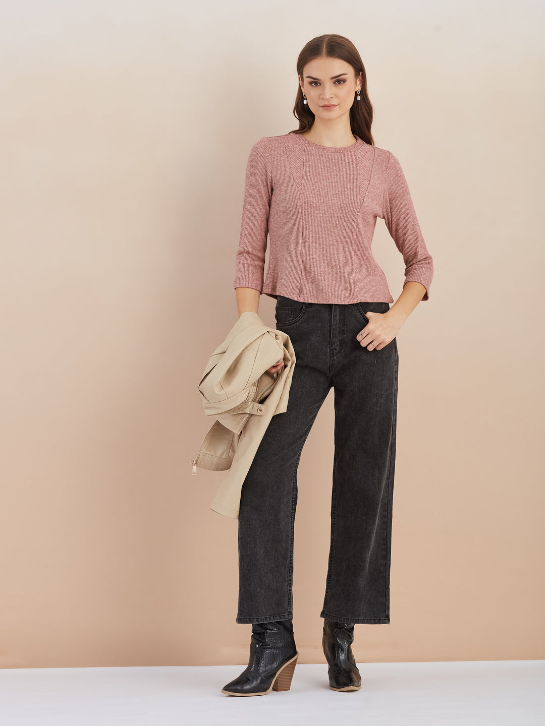 Latin Quarters Women Pink Solid Round Neck 3/4th Sleeves Top for Casua
