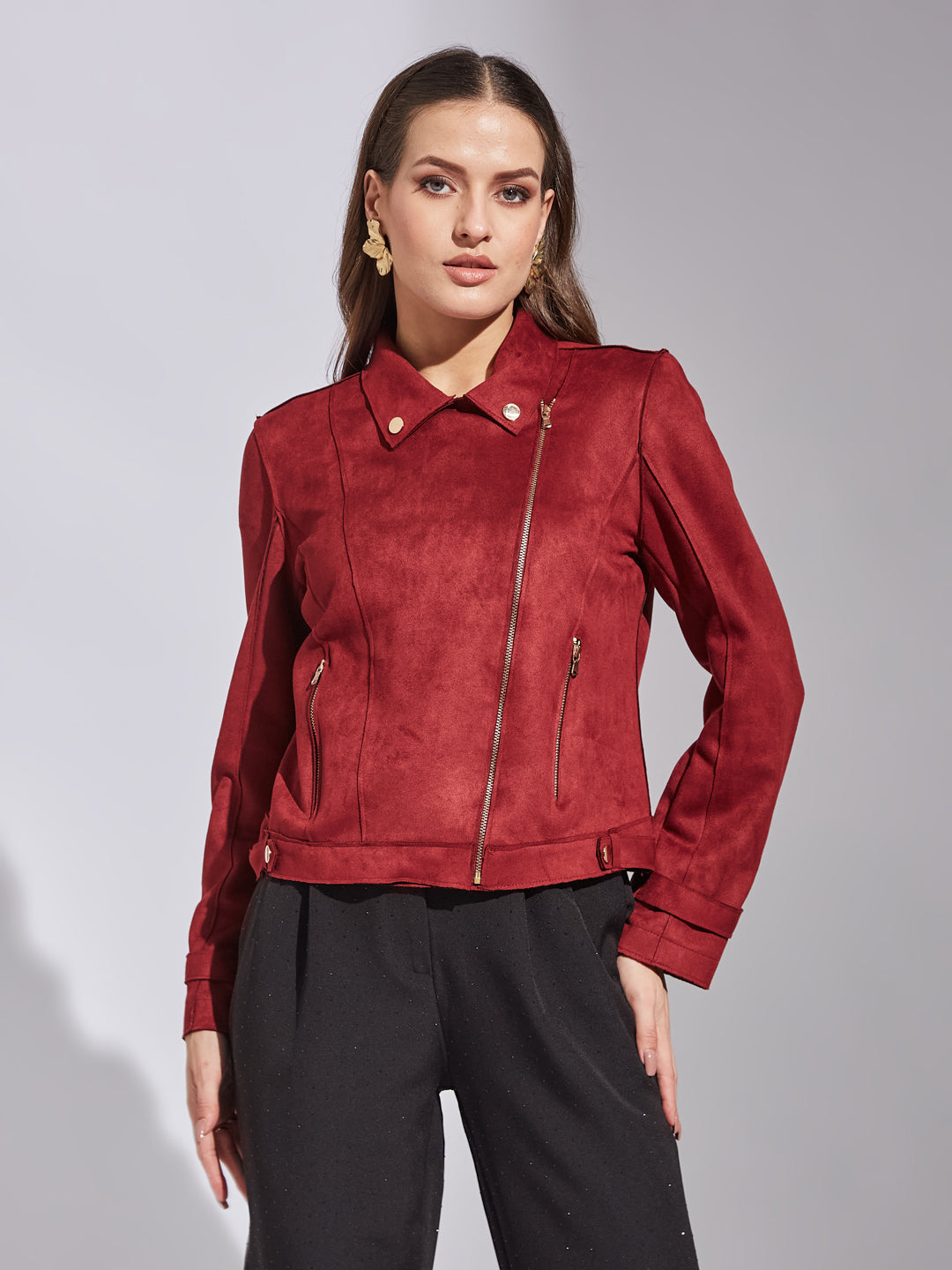 Latin Quarters Women Maroon Collar Neck Full Sleeve Solid Jacket