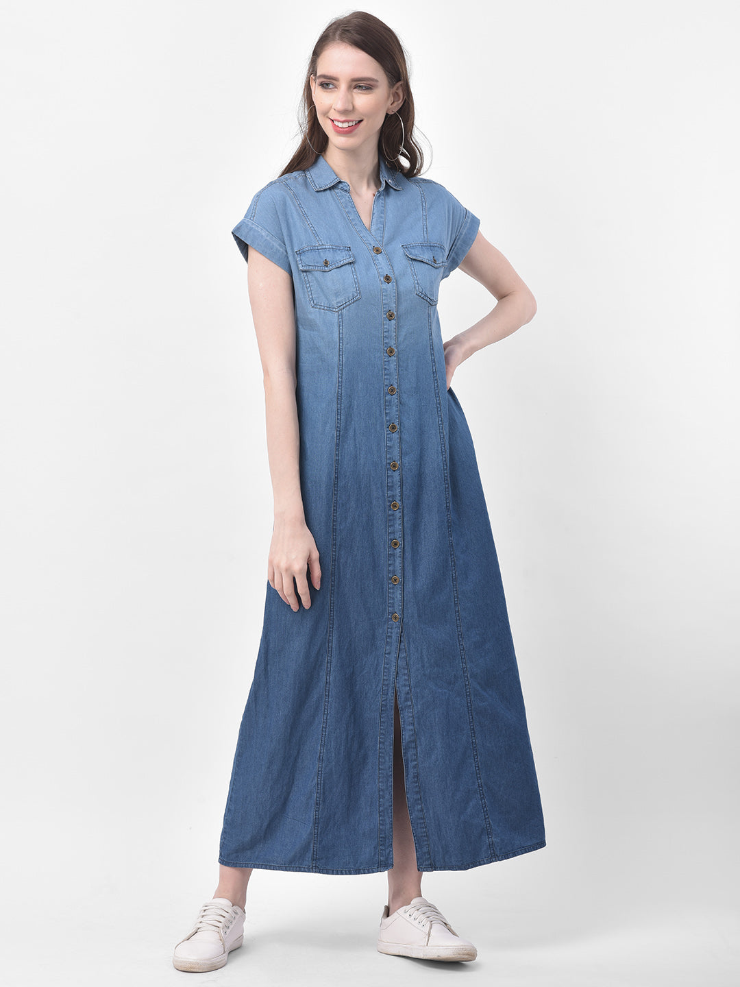 Blue Half Sleeve Maxi Denim Dress