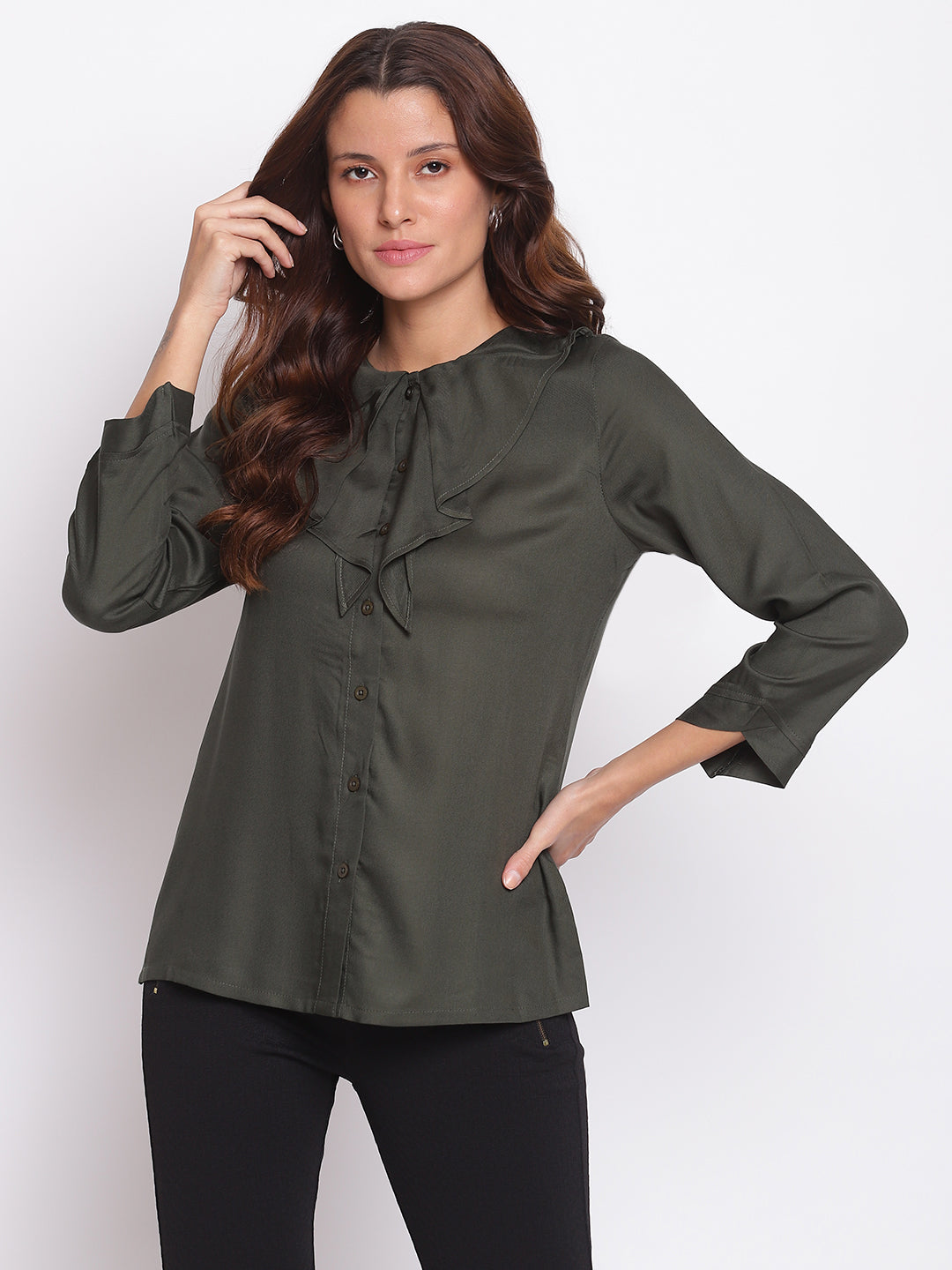 Green 3/4 Sleeve Shirt With Ruffles