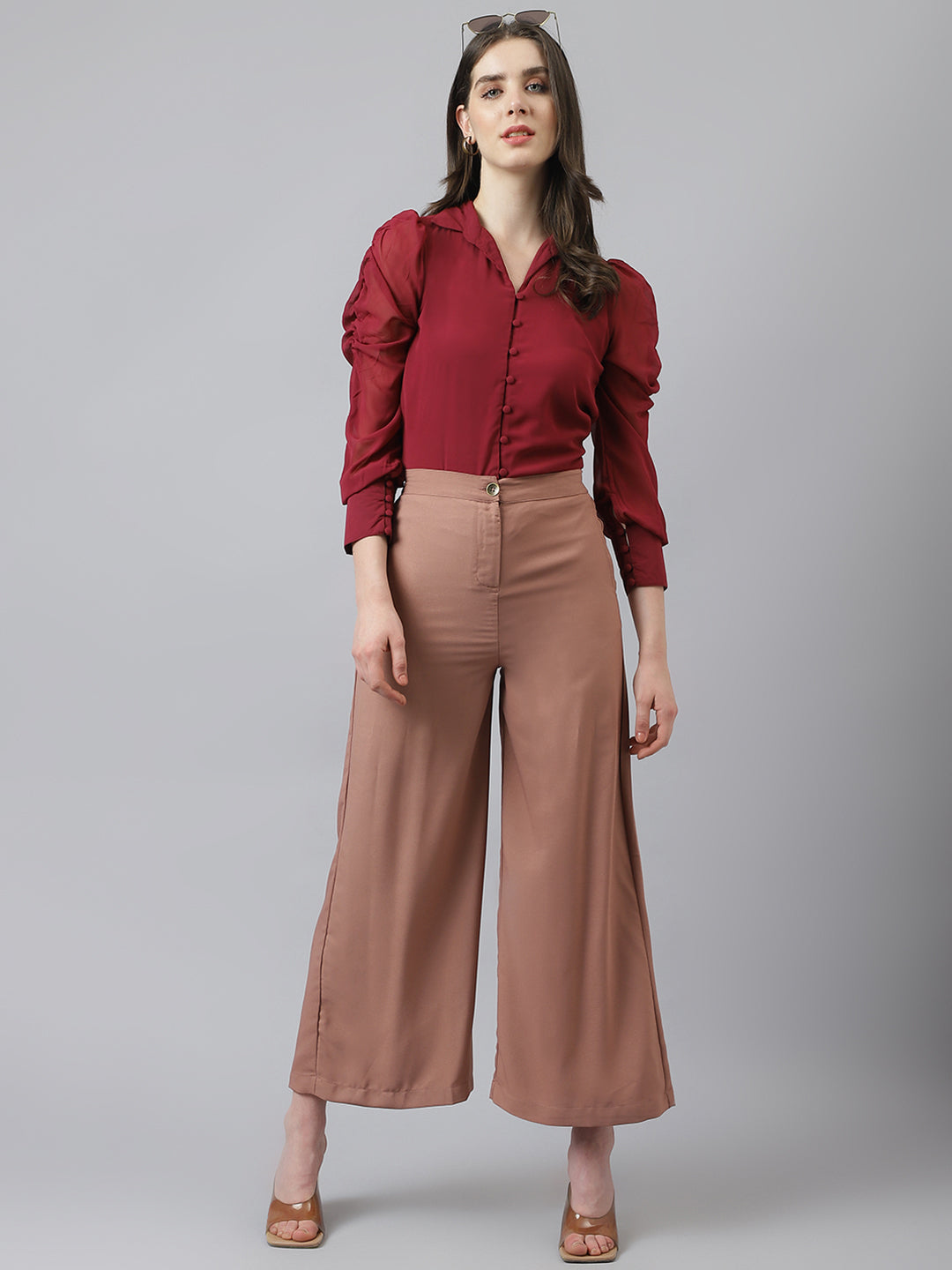 Maroon Shirt Top With Long Puffer Sleeves & Buttons