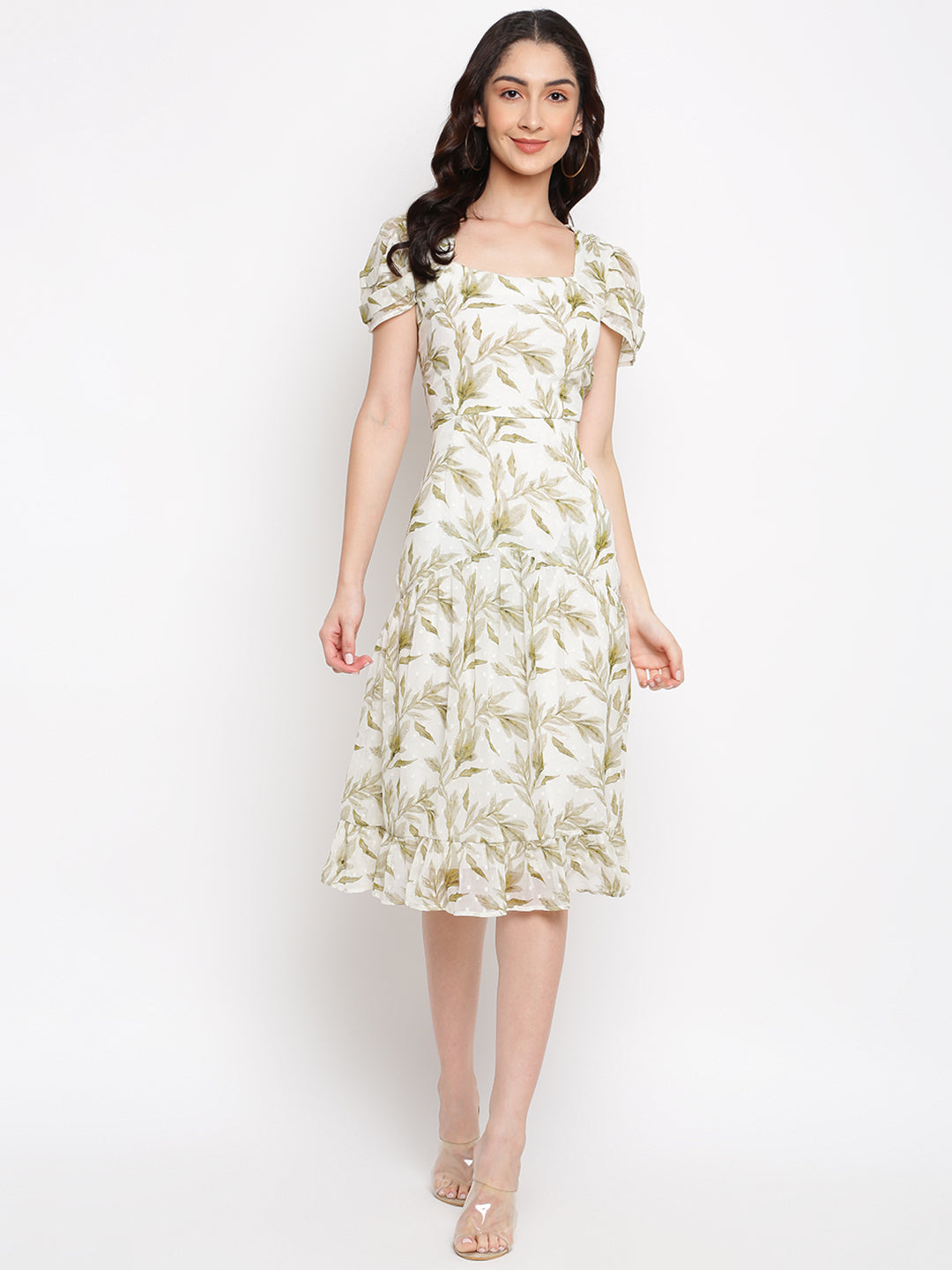 Green Half Sleeve A-Line Printed Dress