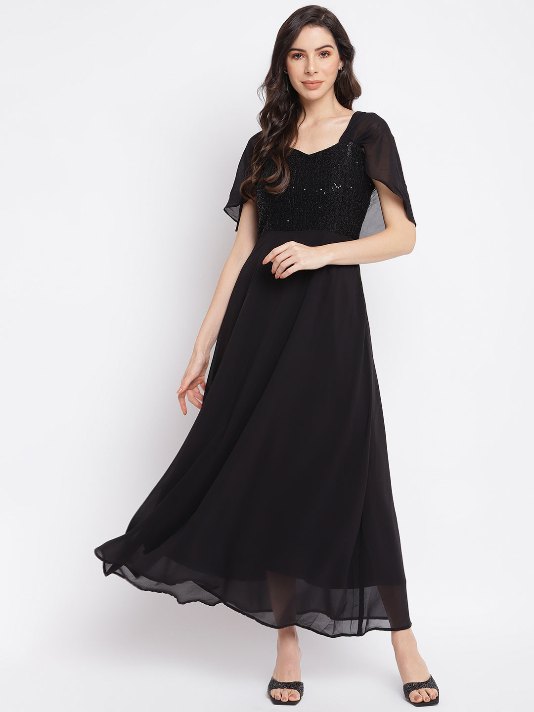 Black Half Sleeves Solid Maxi Dress