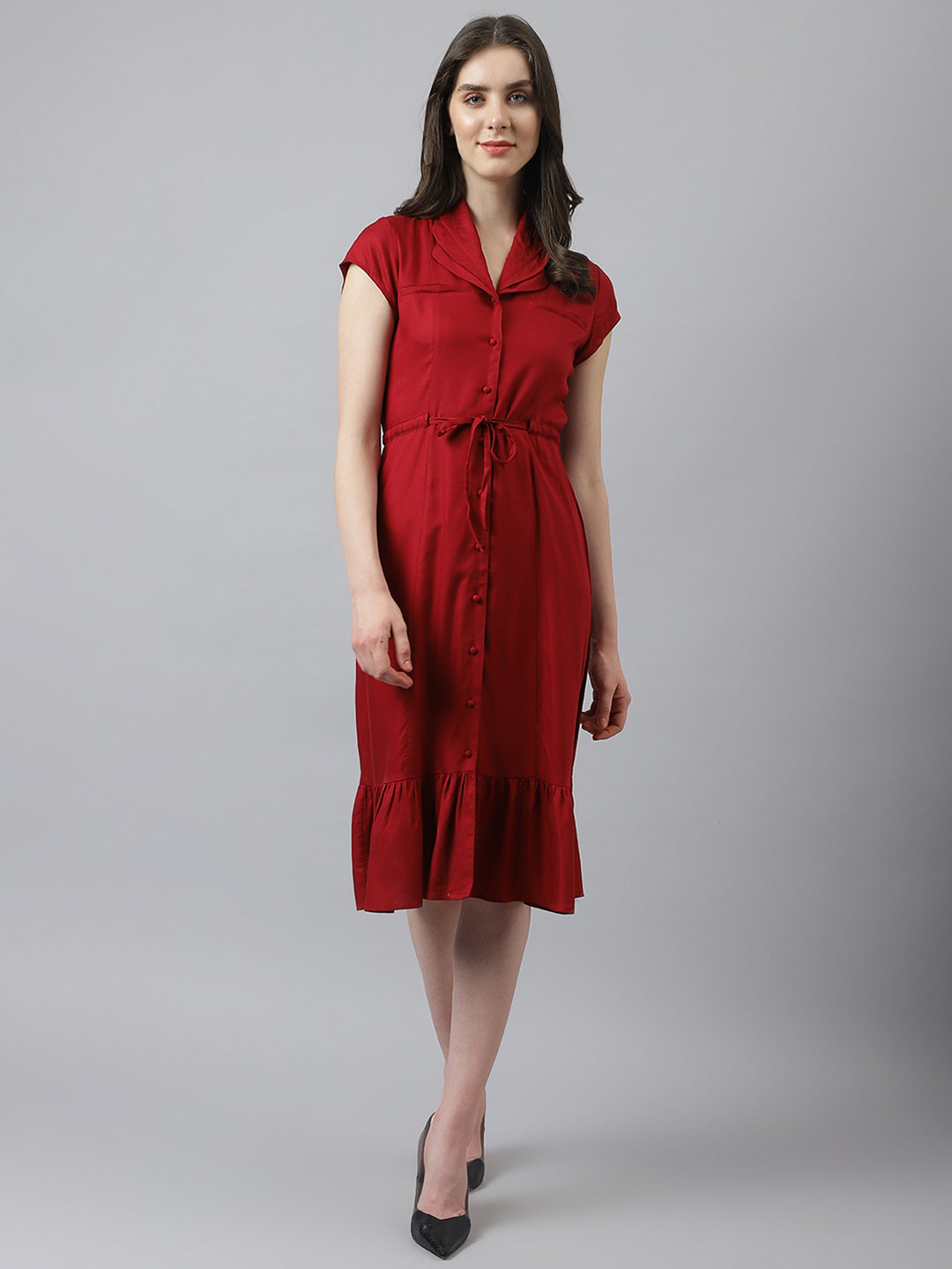 Maroon Shirt Dress With Self Belt & Buttons