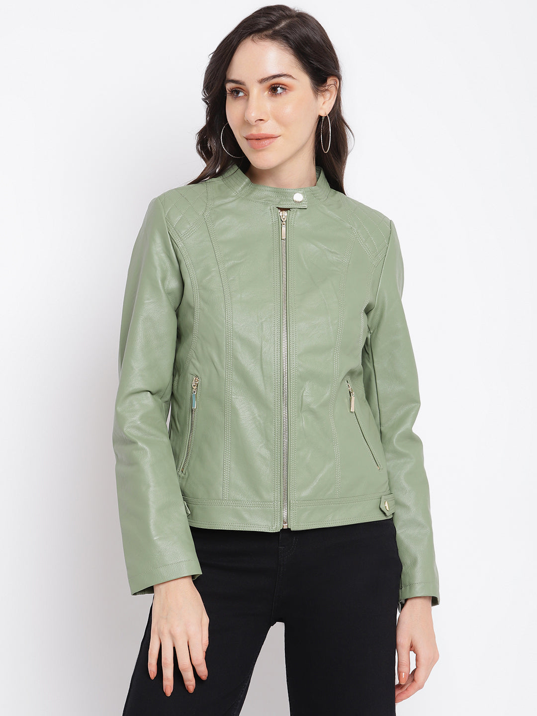 Green Full Sleeve Biker Jacket